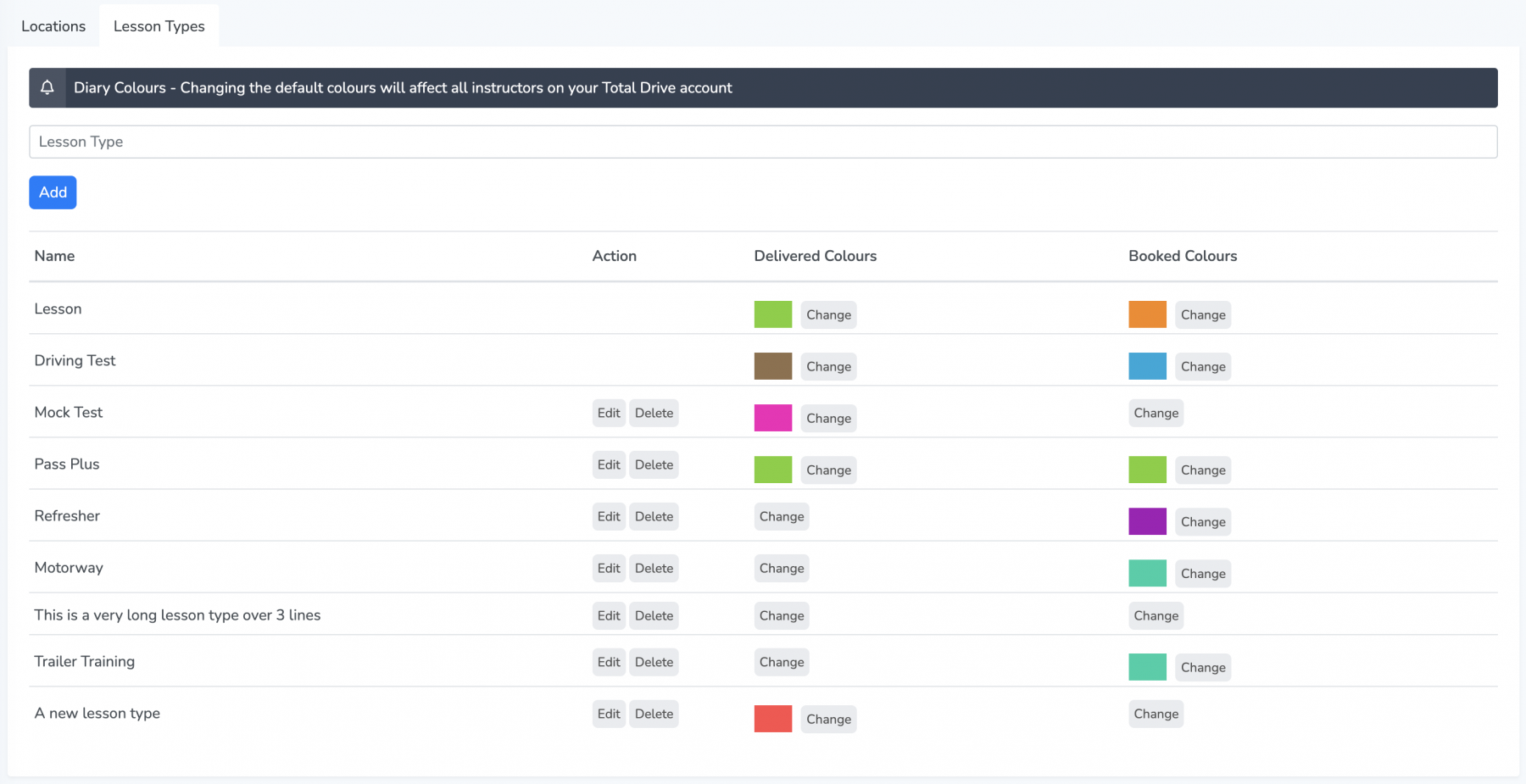 Setting up colours for Lesson Types in the Diary - Total Drive
