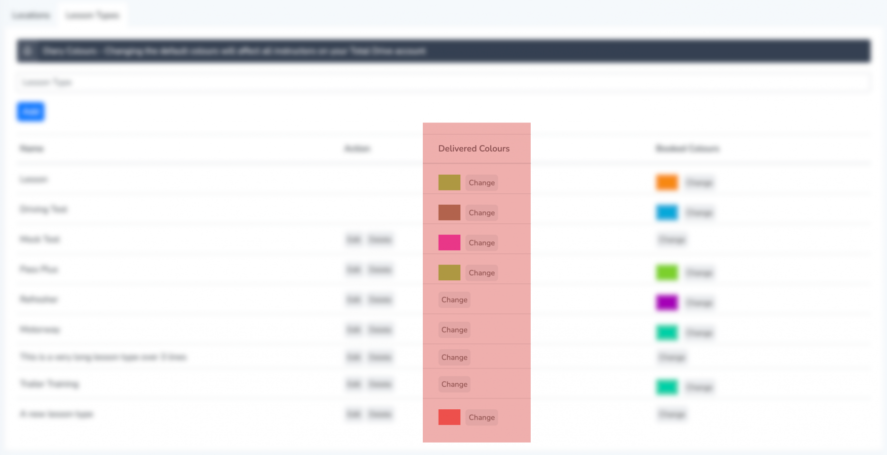 Setting up colours for Lesson Types in the Diary - Total Drive